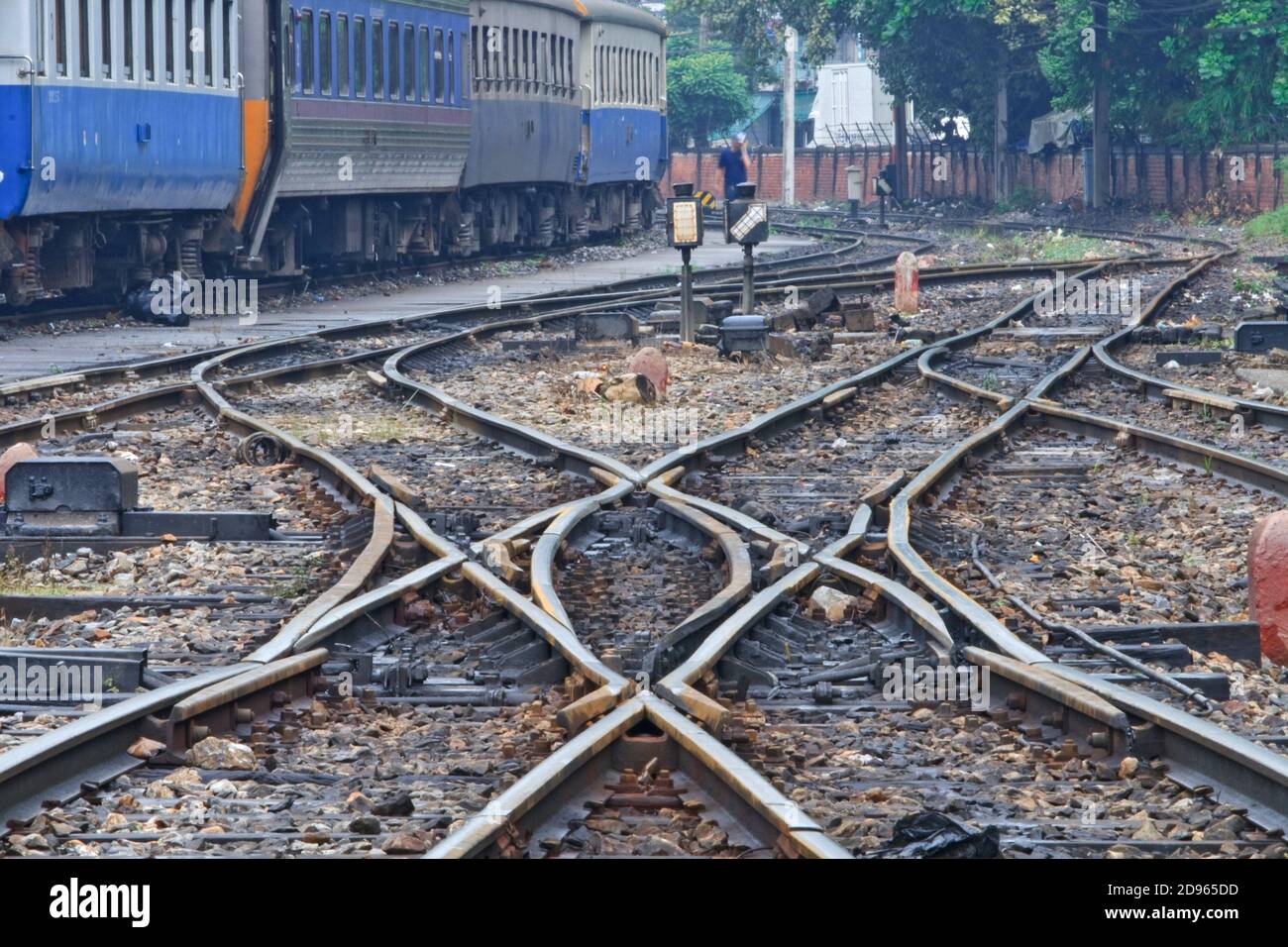 Closeup of crossing railway track junction at Bangkok Station Thailand ...