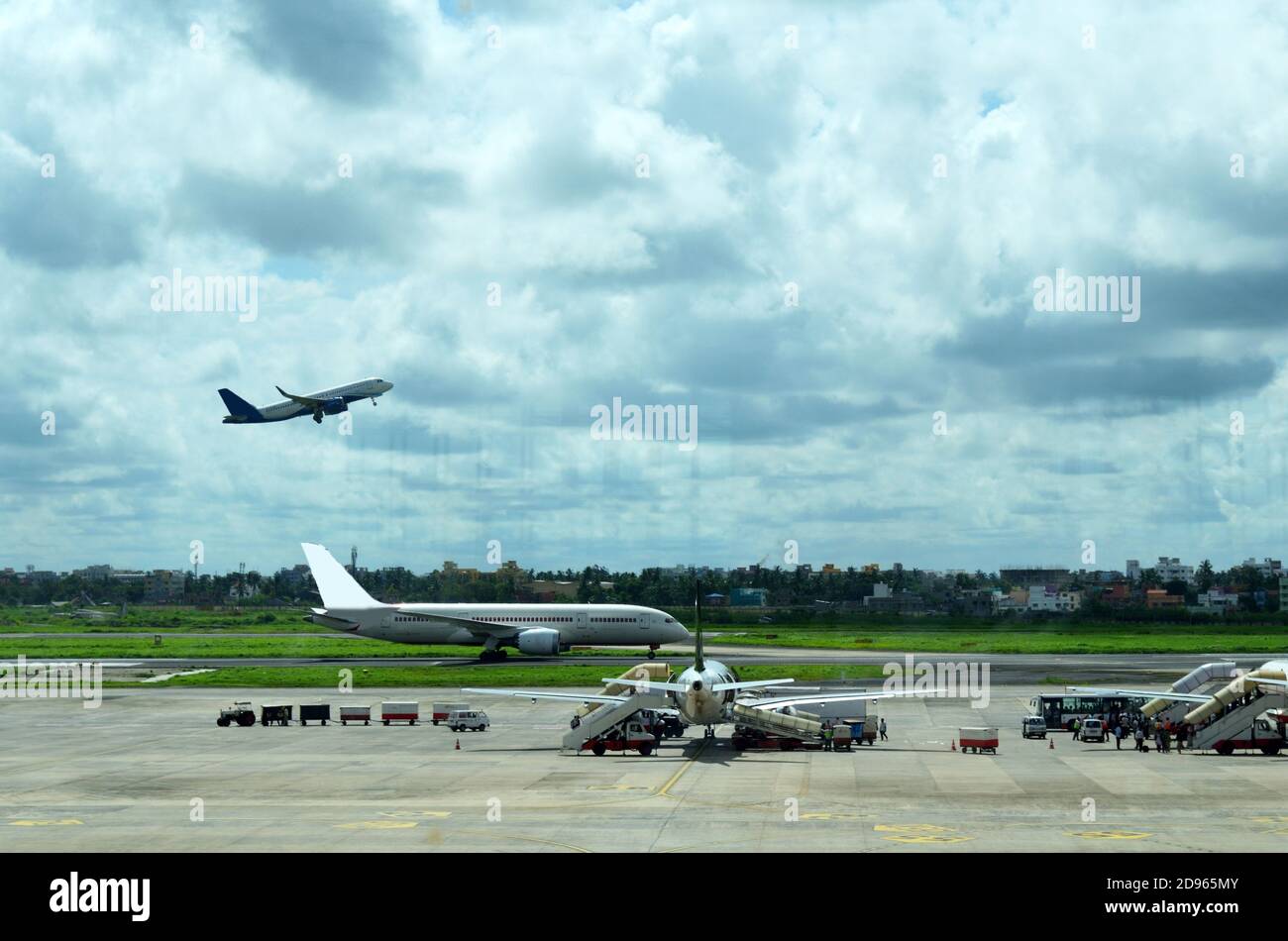 Airplane taking off from airport. Airplane at the airport runway Stock ...