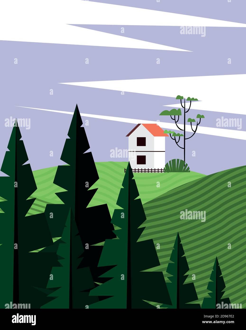 beautiful landcape scene with coniferus forest and house vector ...