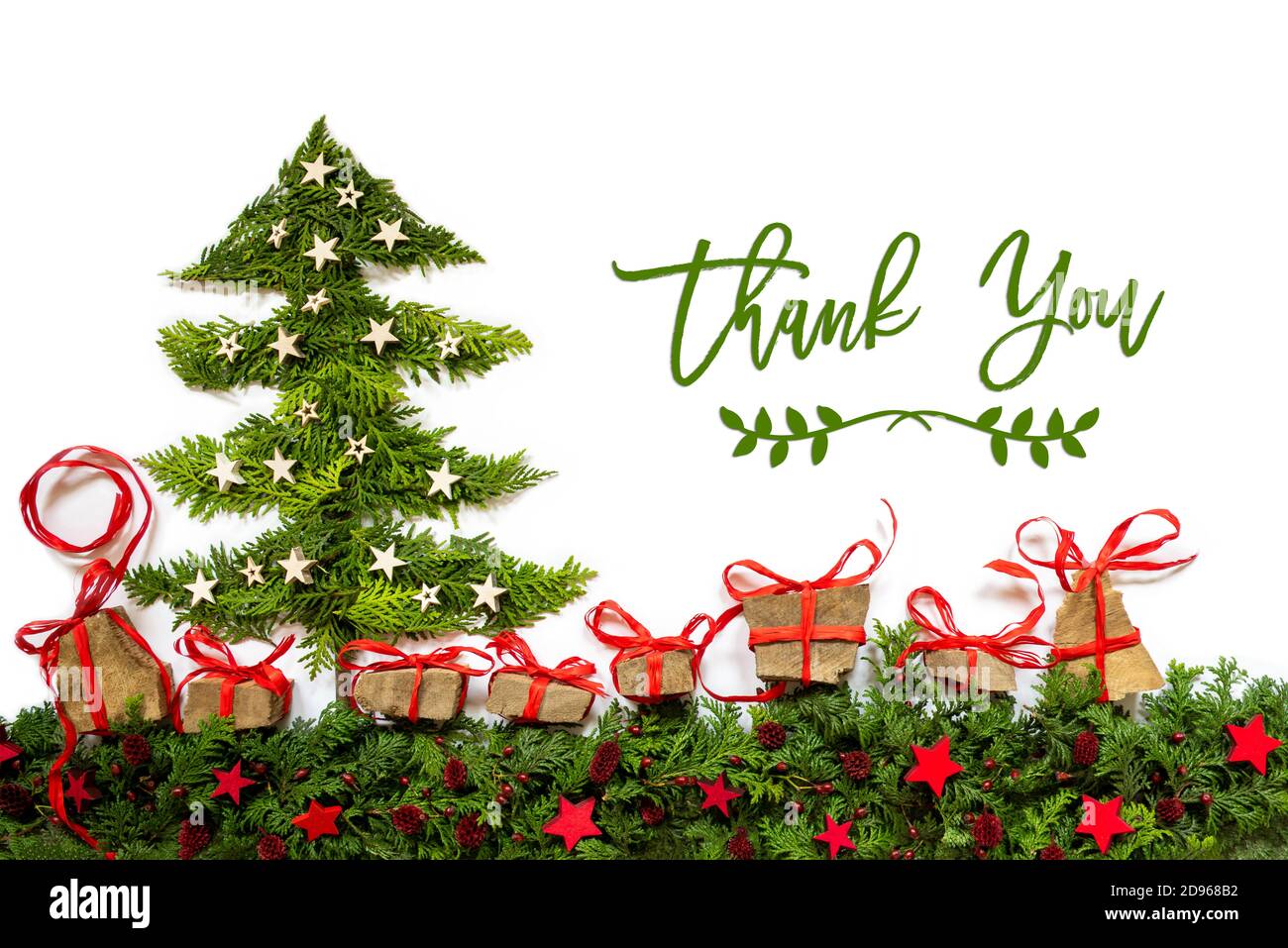 Christmas Tree, Fir Branch, Gifts, Red And Silver Stars, Text Thank You ...