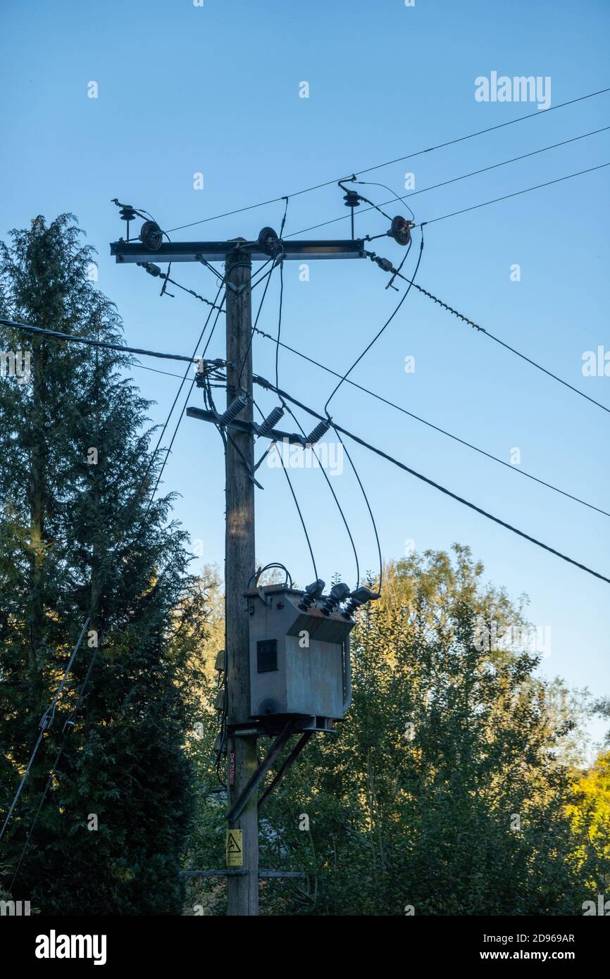 Three phase electricity pylon and transformer Stock Photo - Alamy