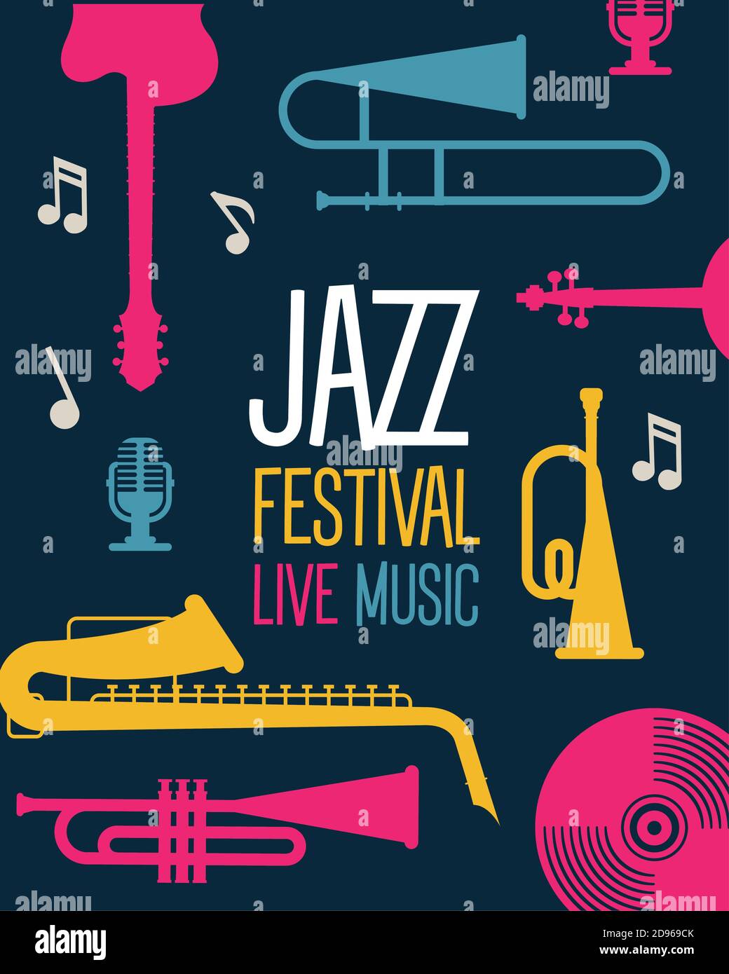 jazz festival poster with instruments and lettering vector illustration ...