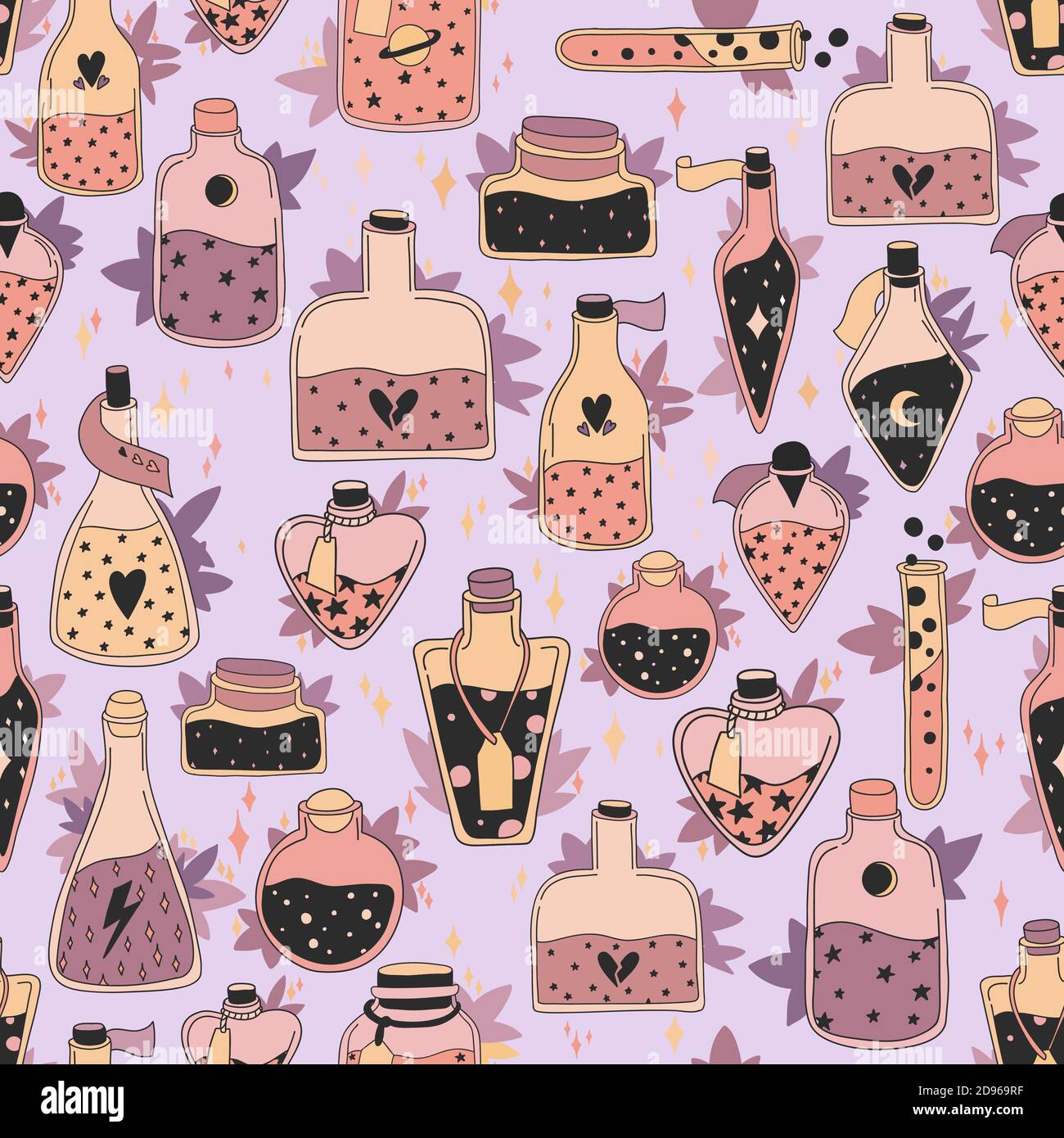 Seamless pattern with colorful magic cartoon bottles and love potions ...