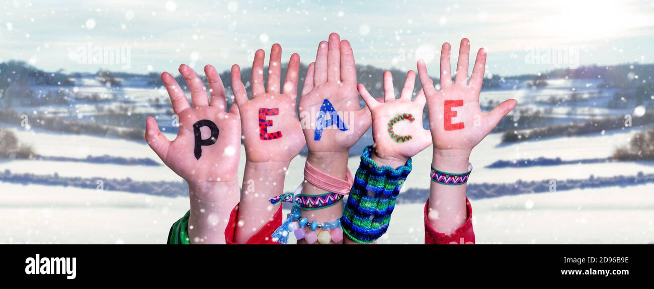 Children Hands Building Word Peace, Snowy Winter Background Stock Photo ...