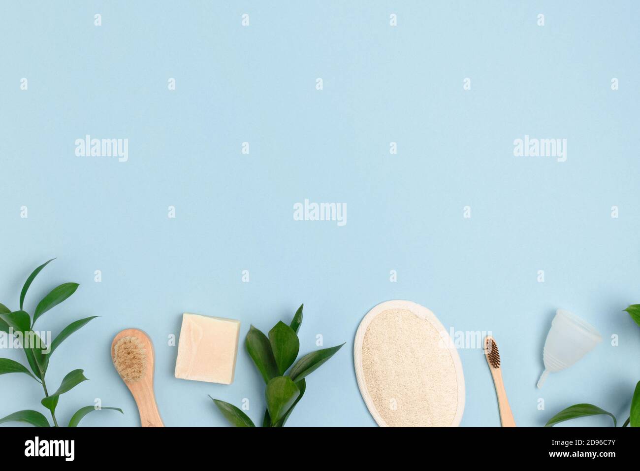 Frame made of accessories for personal hygiene and green leaves ...