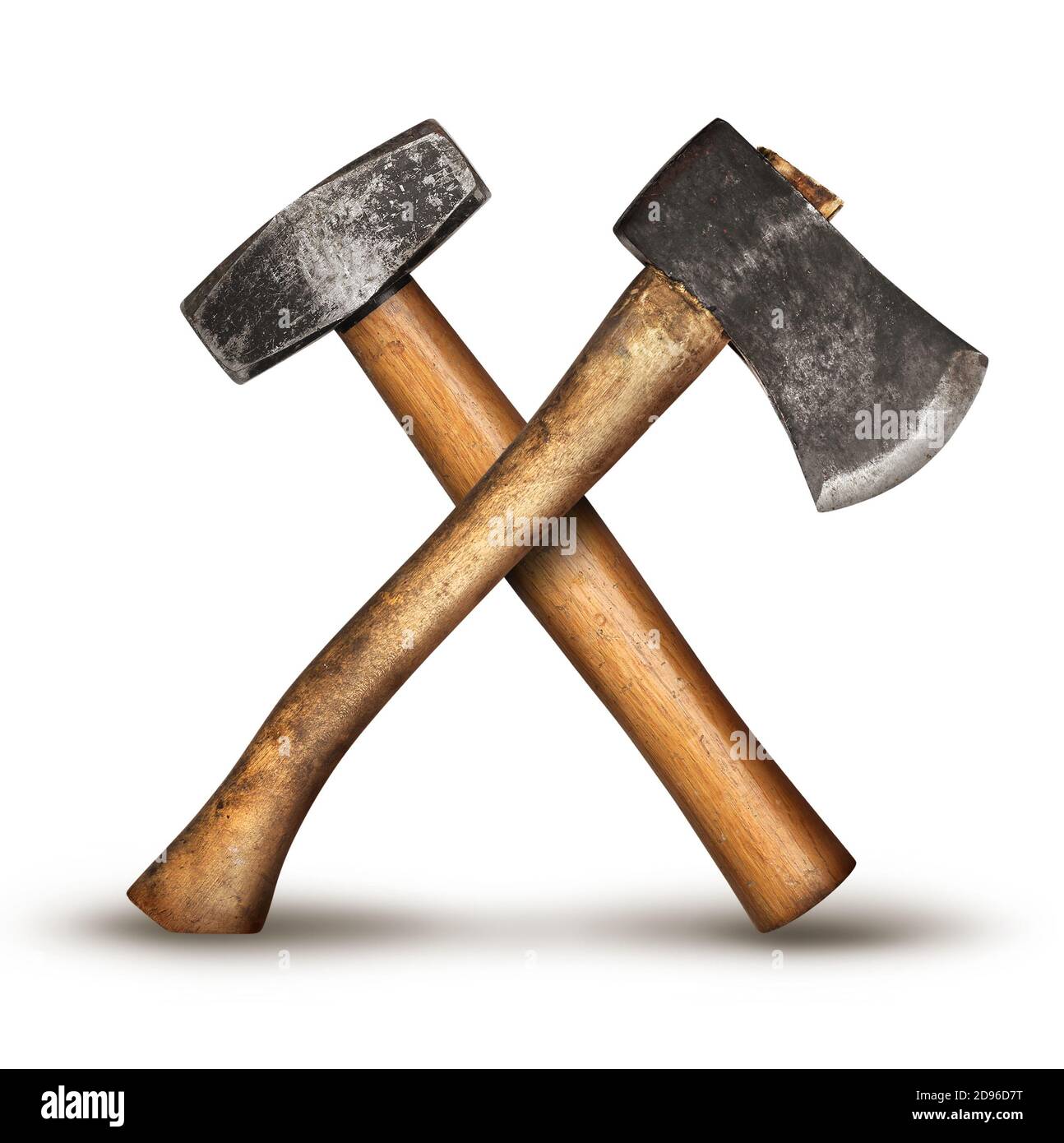 Realistic DIY old hammer and axe tools crossed for get the job done ...
