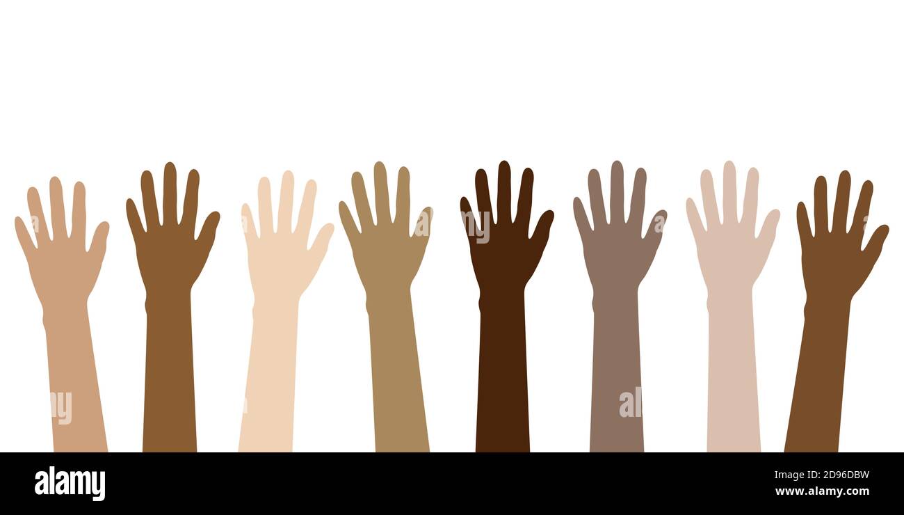 raised hands in different skin colors isolated on white vector ...