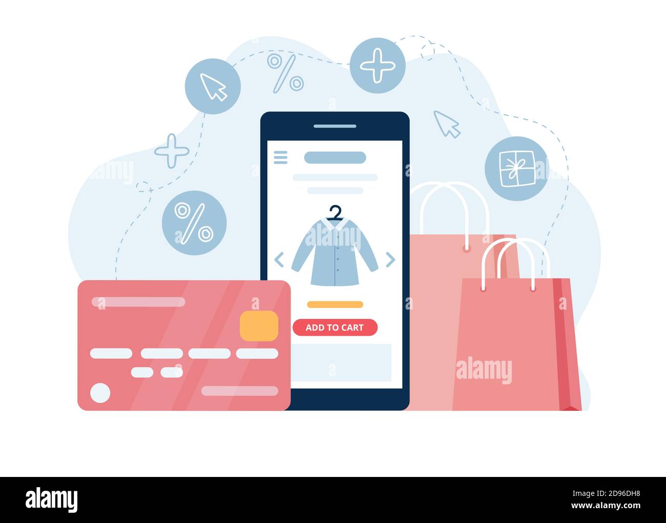Online shopping concept with phone screen, shopping bags and credit ...