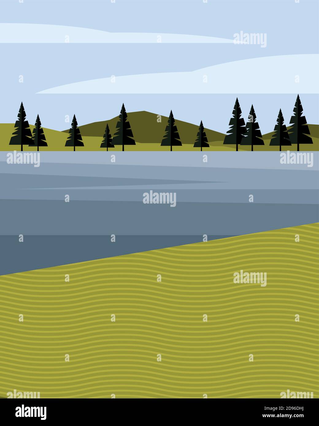beautiful landcape scene with forest and lake field vector illustration ...