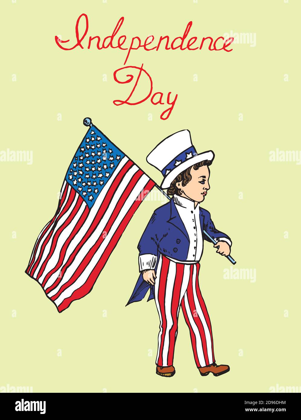 Portrait of little boy in Uncle Sam costume walking with American flag ...