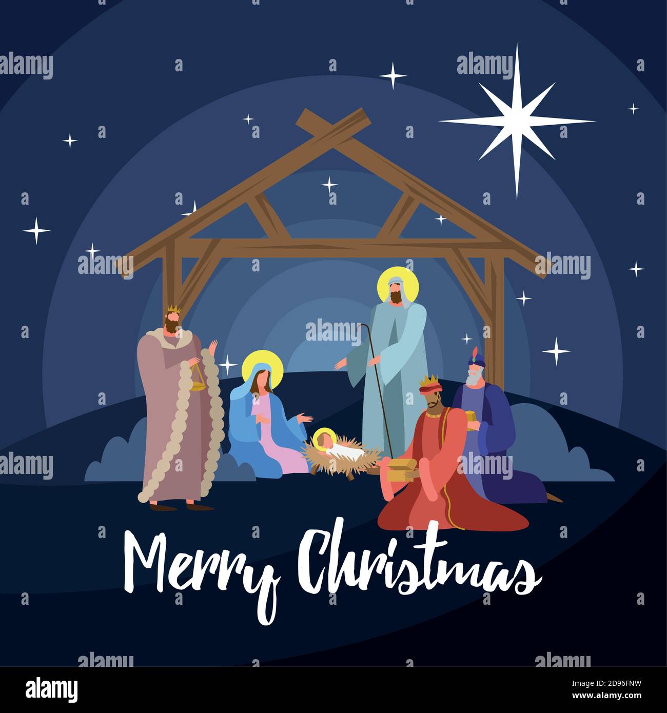 happy merry christmas lettering with holy family in stable scene vector ...