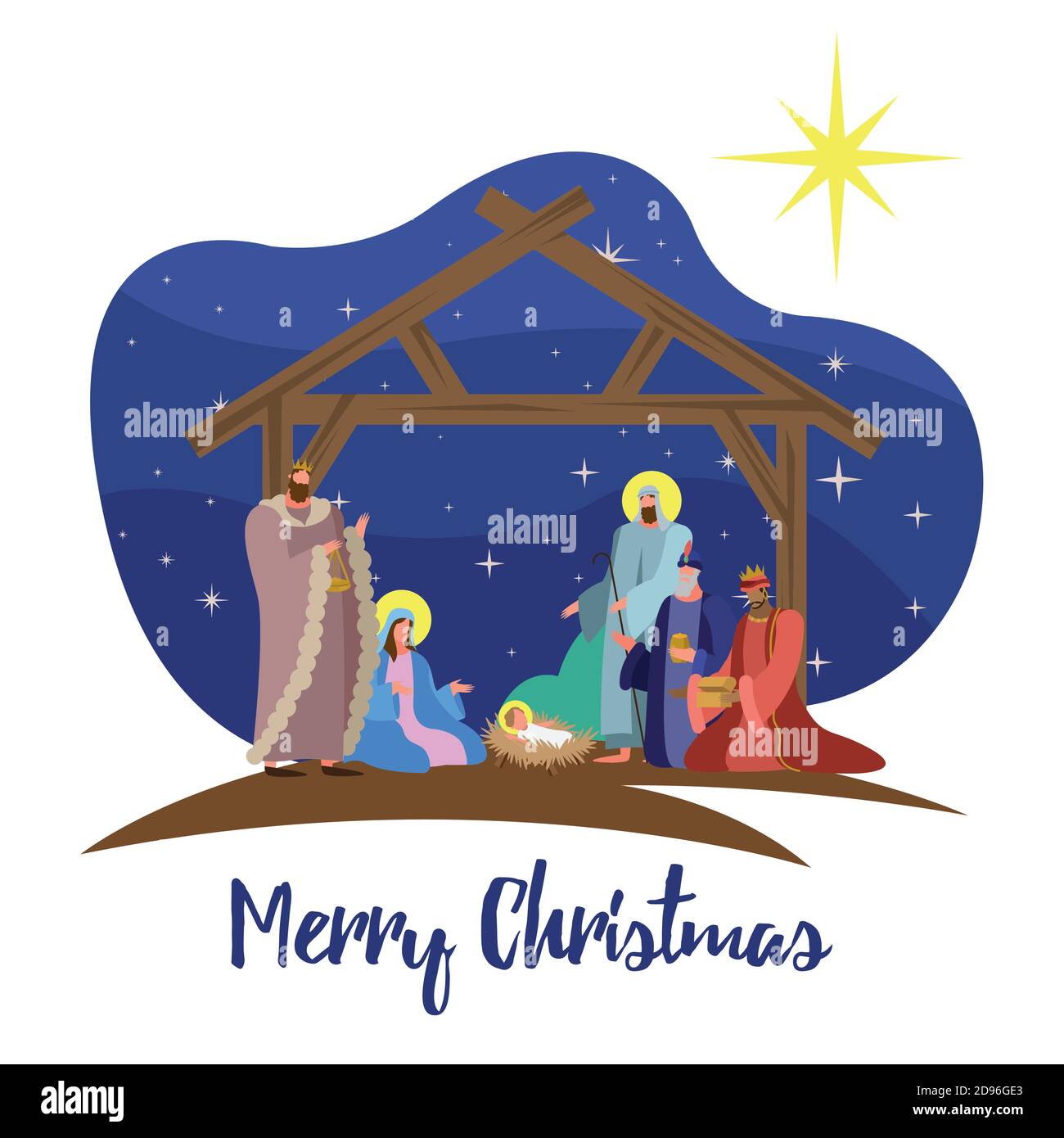 happy merry christmas lettering with holy family in stable vector ...