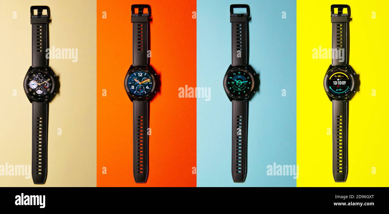 composition of several smartwatch on different colored backgrounds ...
