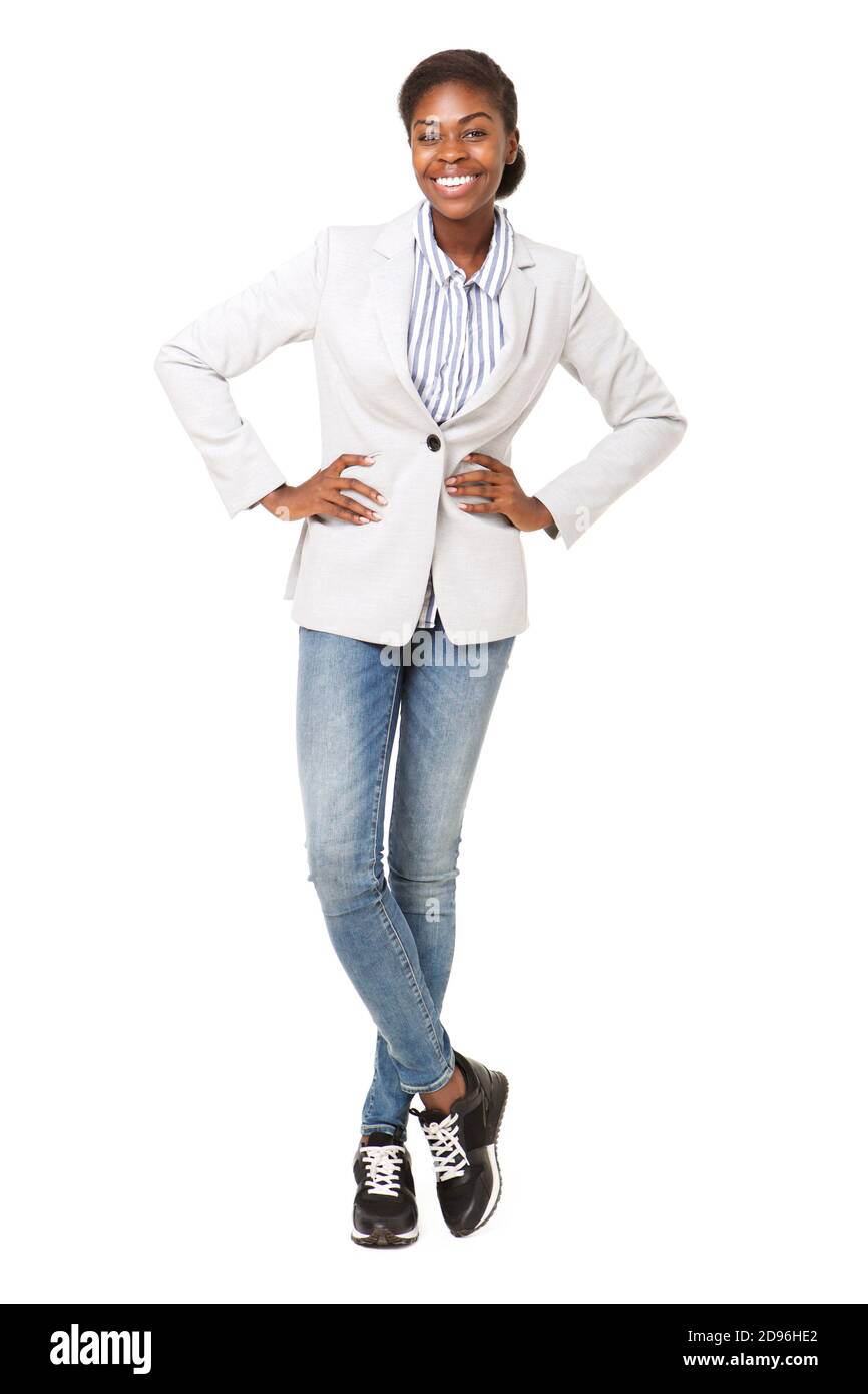 Full body portrait of smiling african american woman against isolated ...