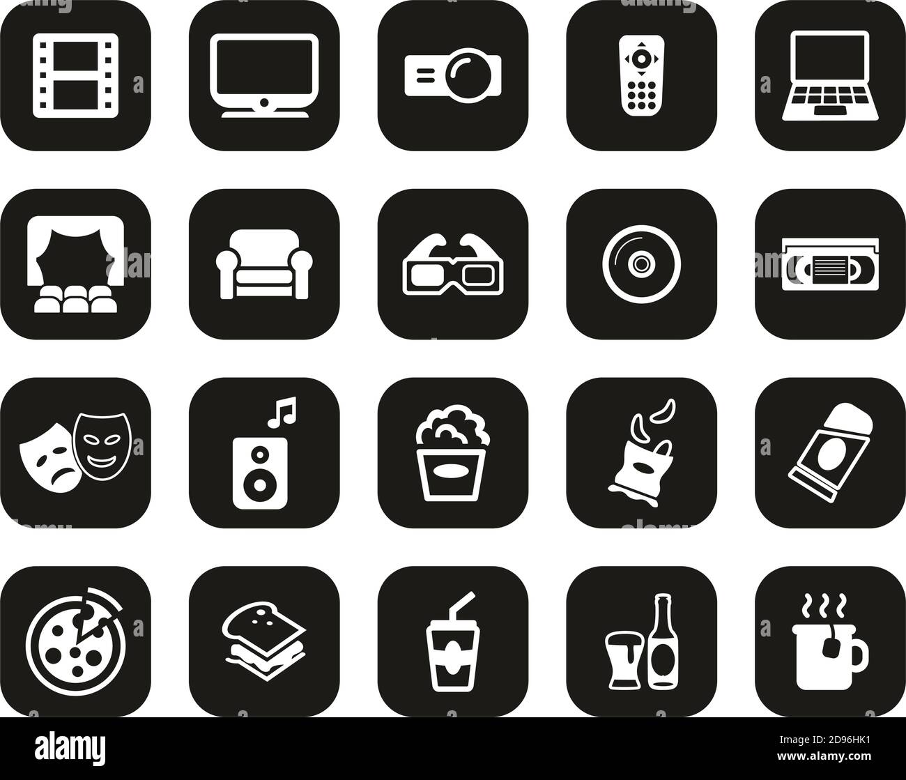 Movie Night At Home Icons White On Black Flat Design Set Big Stock ...