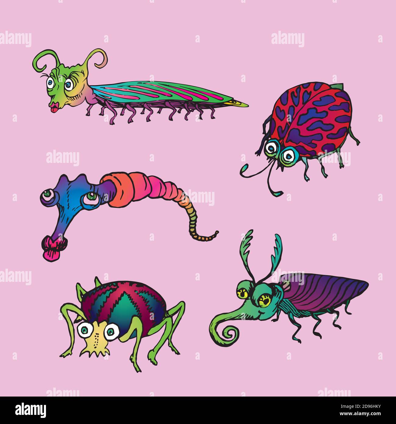 Funny set of horned scolopendra, red polka dotted ladybug, pink ...