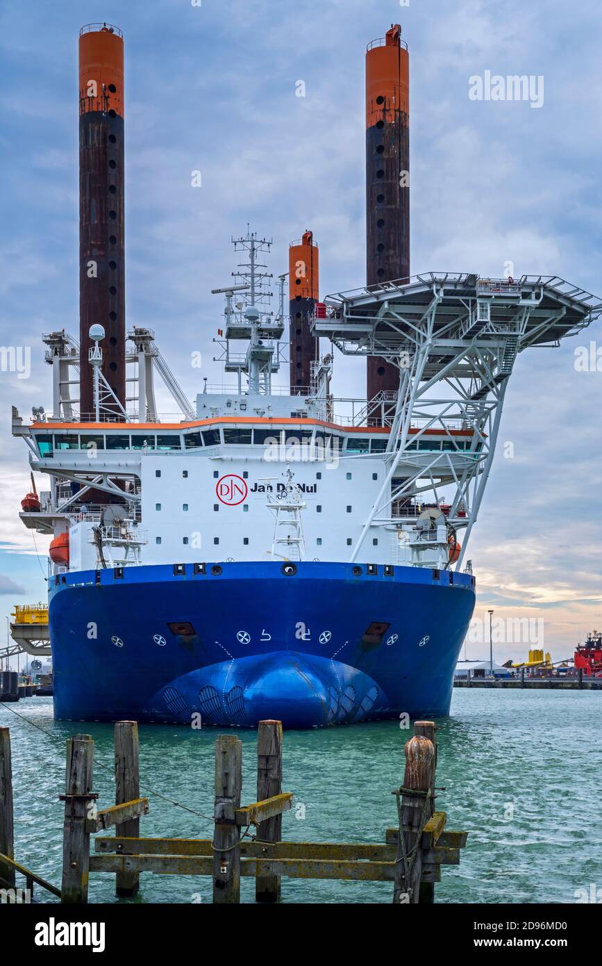 Offshore jack-up installation vessel Vole Au Vent moored at REBO heavy ...