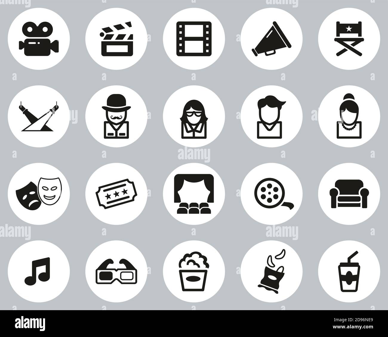 Movie Or Movie Industry Icons Black & White Flat Design Circle Set Big ...