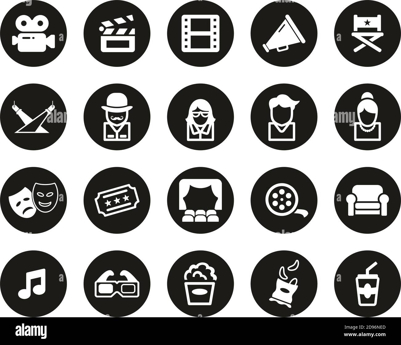 Movie Or Movie Industry Icons White On Black Flat Design Circle Set Big ...