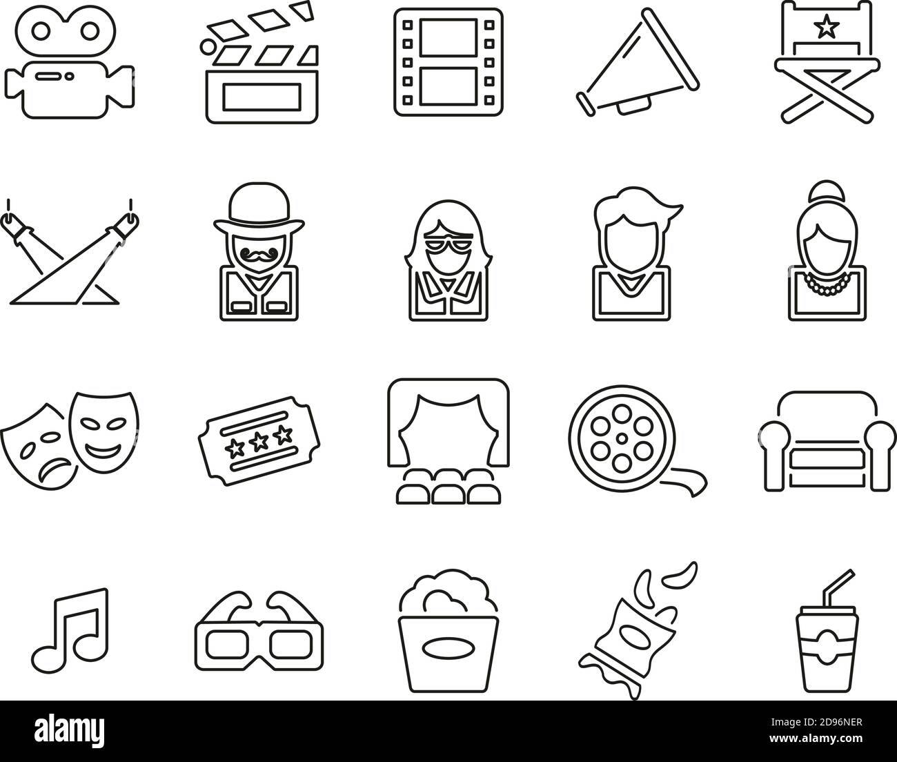 Movie Or Movie Industry Icons Black & White Thin Line Set Big Stock ...