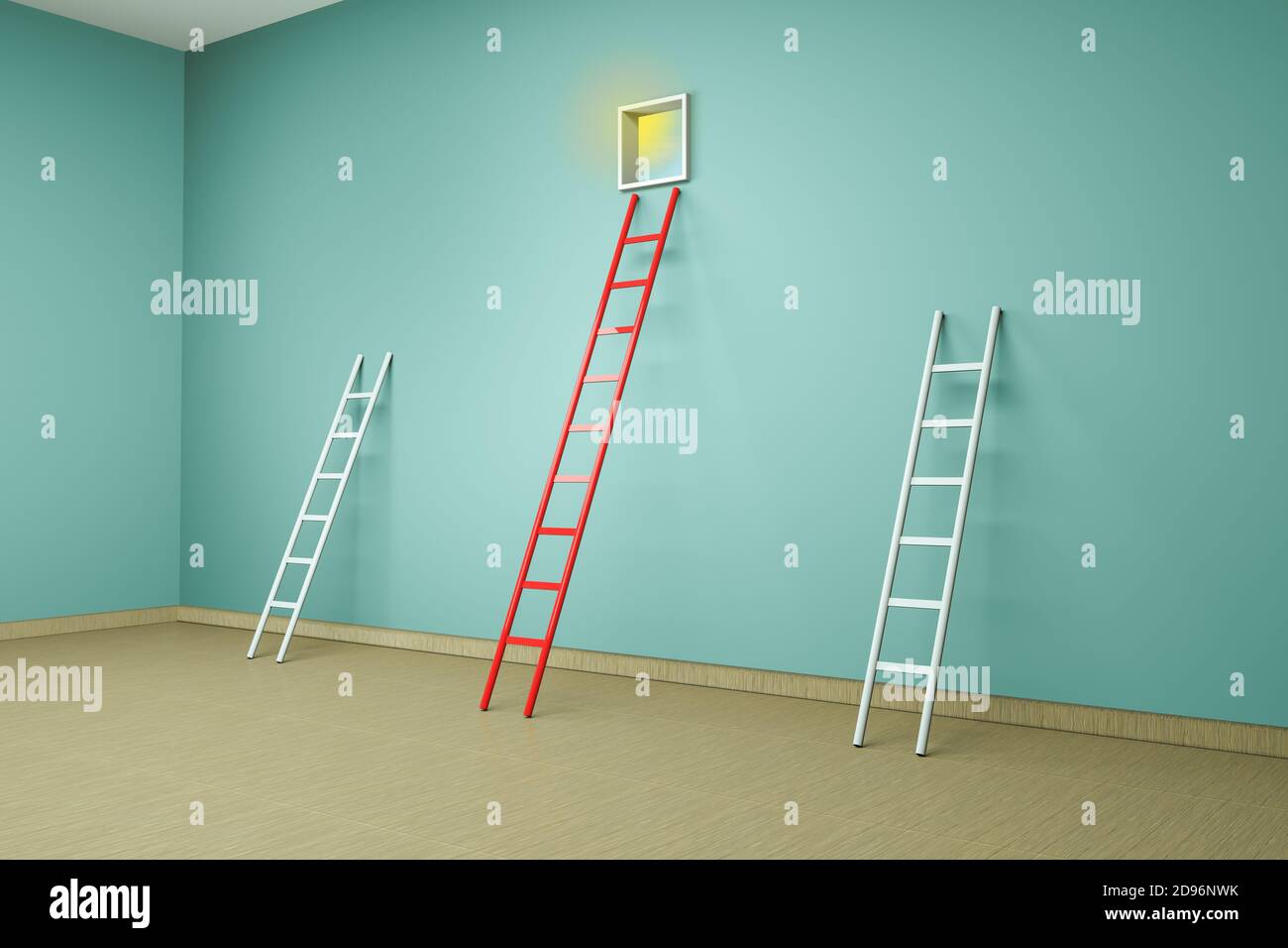 Step ladders against a wall among a red ladder leads to a window on ...