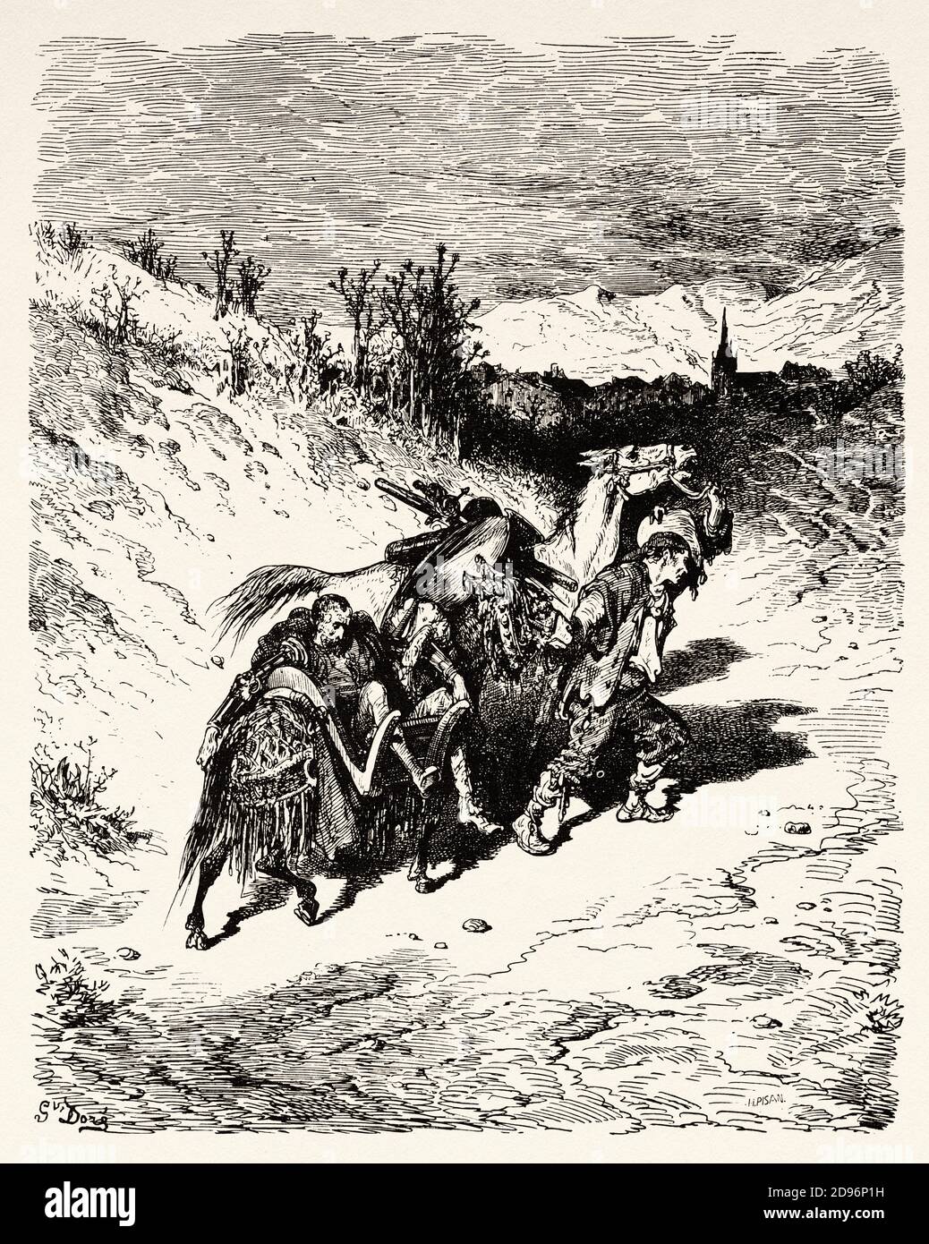 Don Quixote by Miguel de Cervantes Saavedra. Old XIX century engraving ...