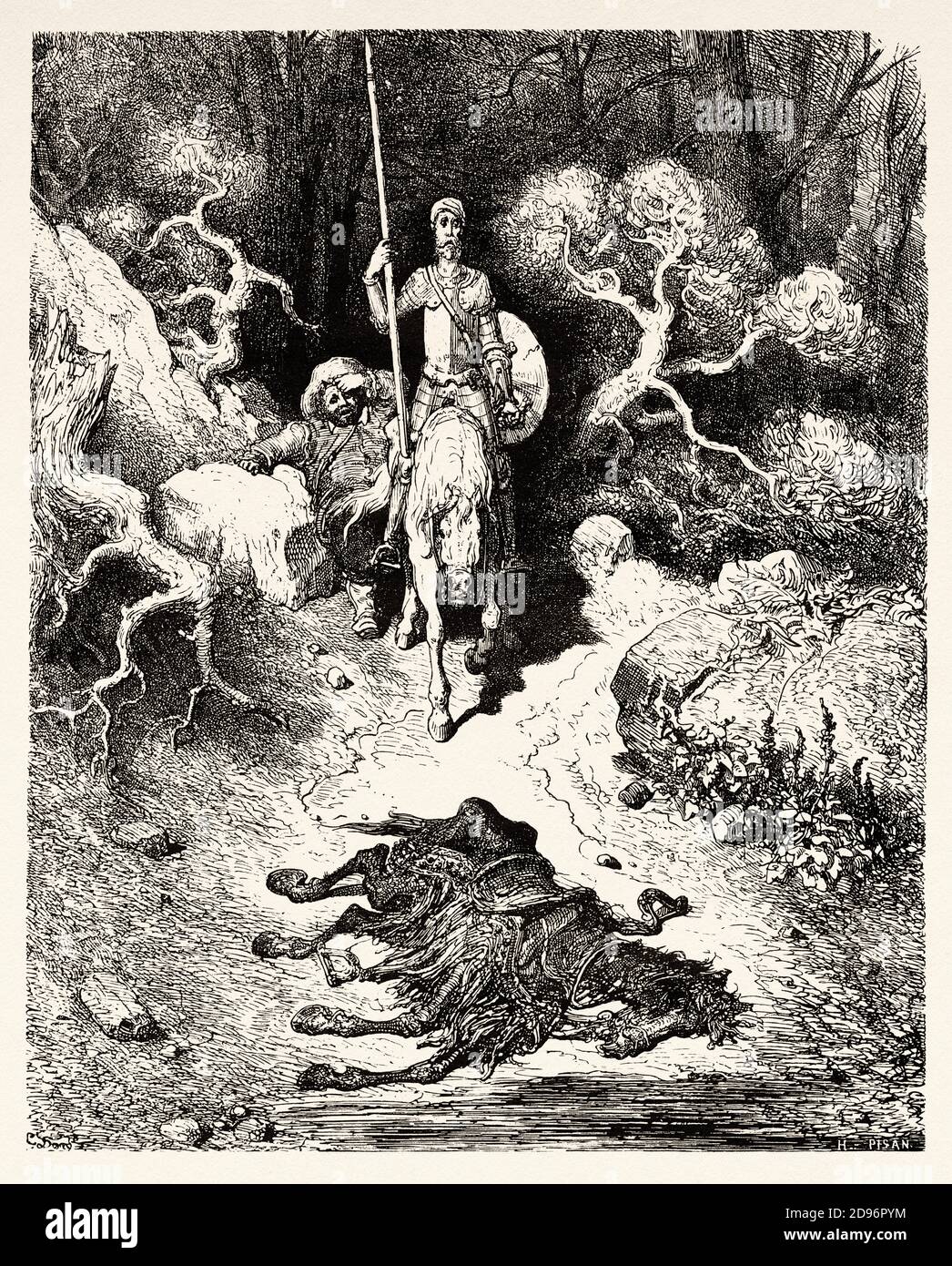 Don Quixote by Miguel de Cervantes Saavedra. Old XIX century engraving ...