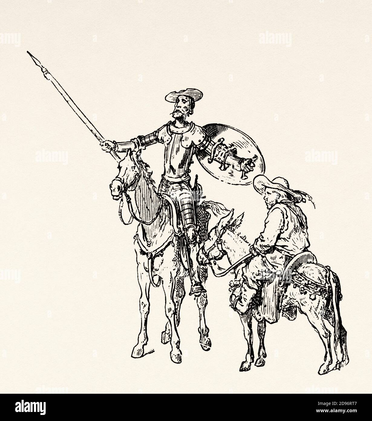 Don Quixote by Miguel de Cervantes Saavedra. Old XIX century engraving ...