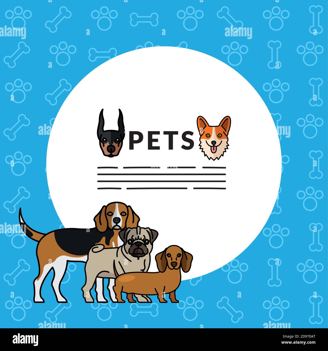 five dogs pets mascots breed characters with lettering in circular ...
