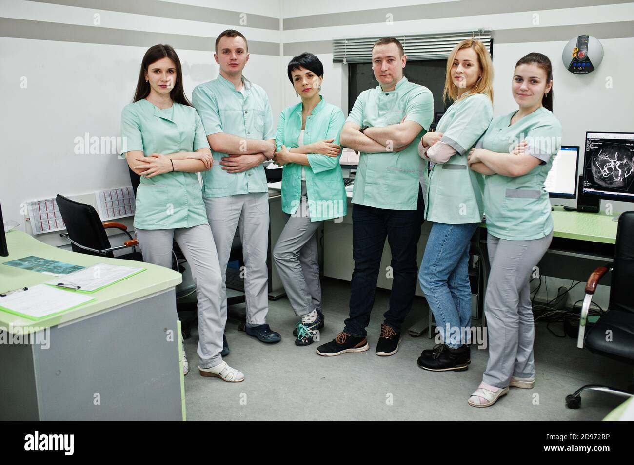 Medical theme.Observation room with a computer tomograph. The group of ...