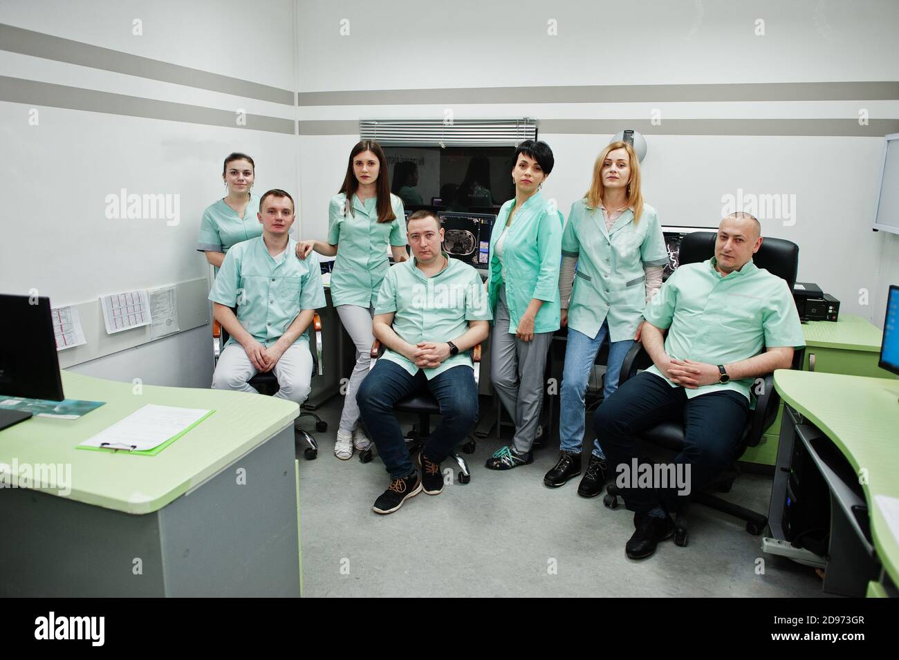 Medical theme.Observation room with a computer tomograph. The group of ...