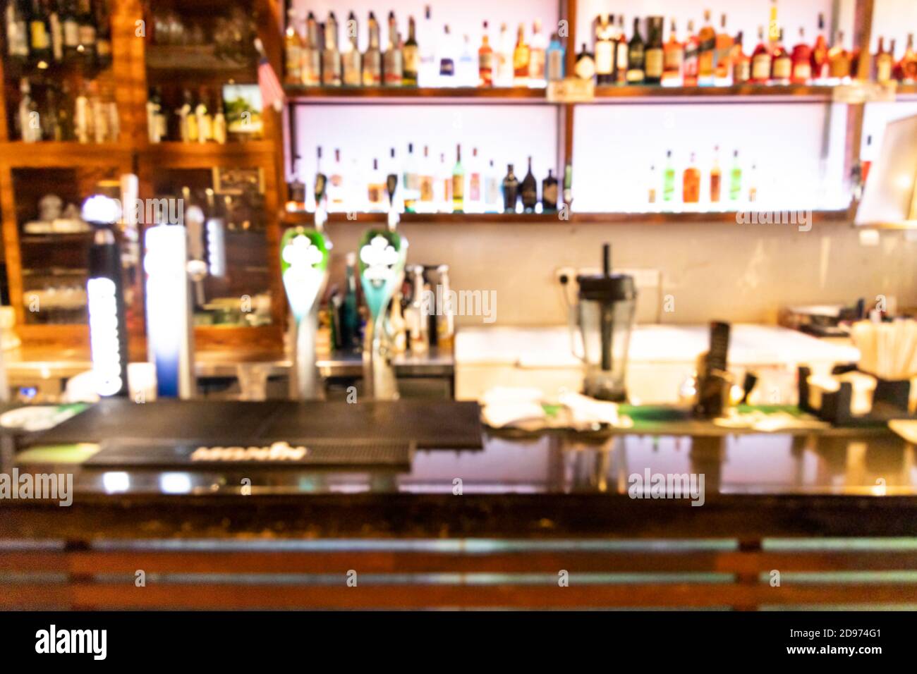 Blurred perspective vision of drunk person of pub bar counter Stock ...