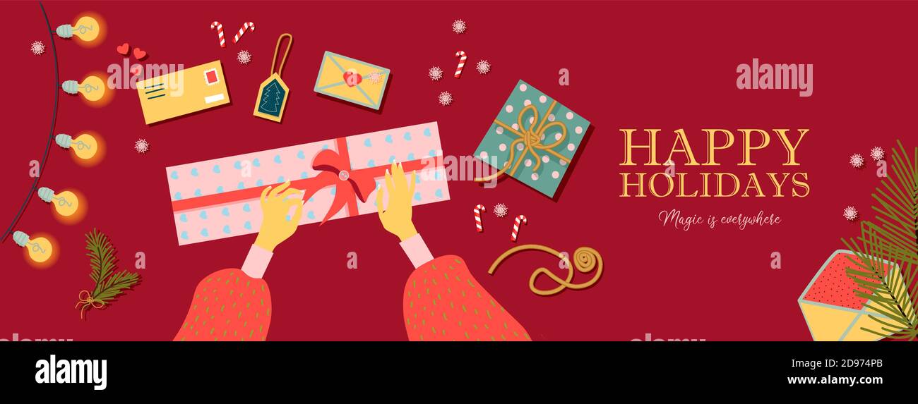Gift wrapping. Unpacking gifts. Hands holding a box.Trendy Christmas ...