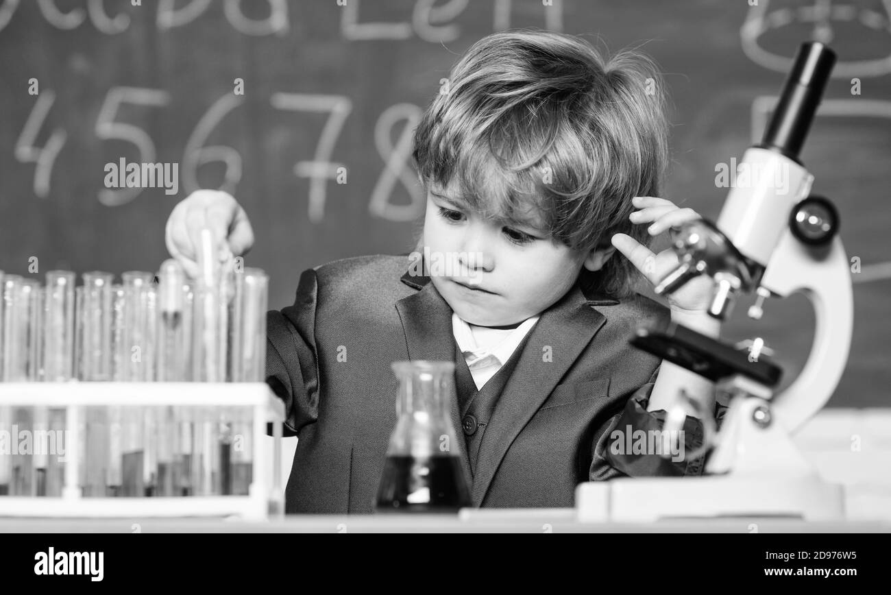 Chemical analysis. Toddler genius baby. Science concept. Gifted child ...