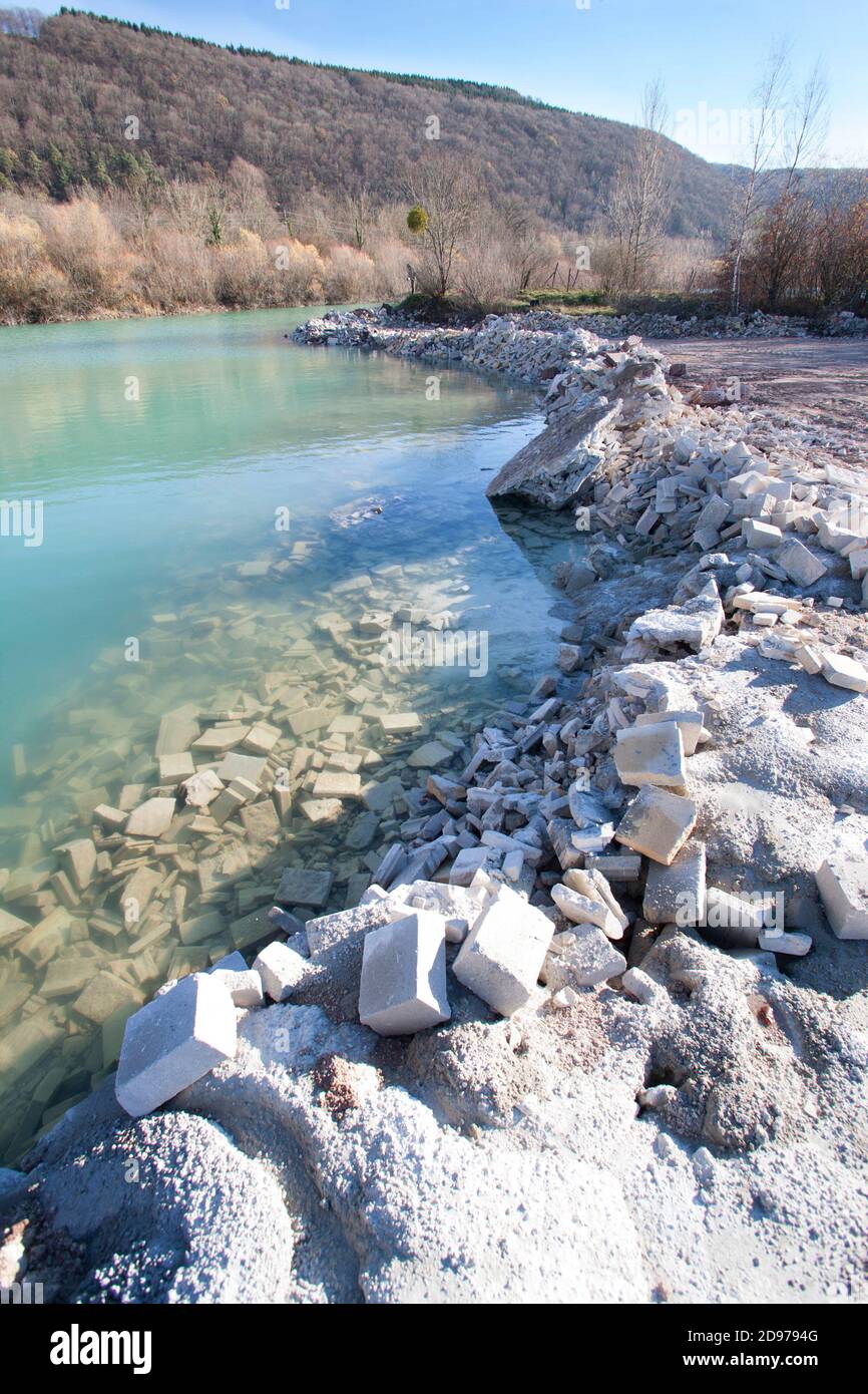 Deposit of industrial rubble at the edge of a gravel pit, Rejects of ...