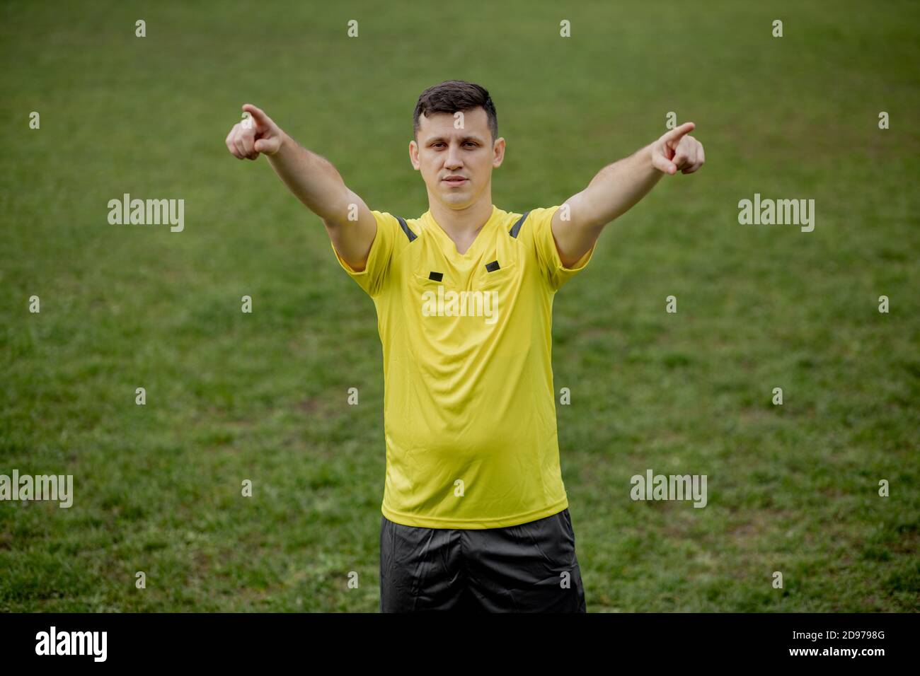 Referee goes watching VAR or violation of the rules. Concept of sport ...