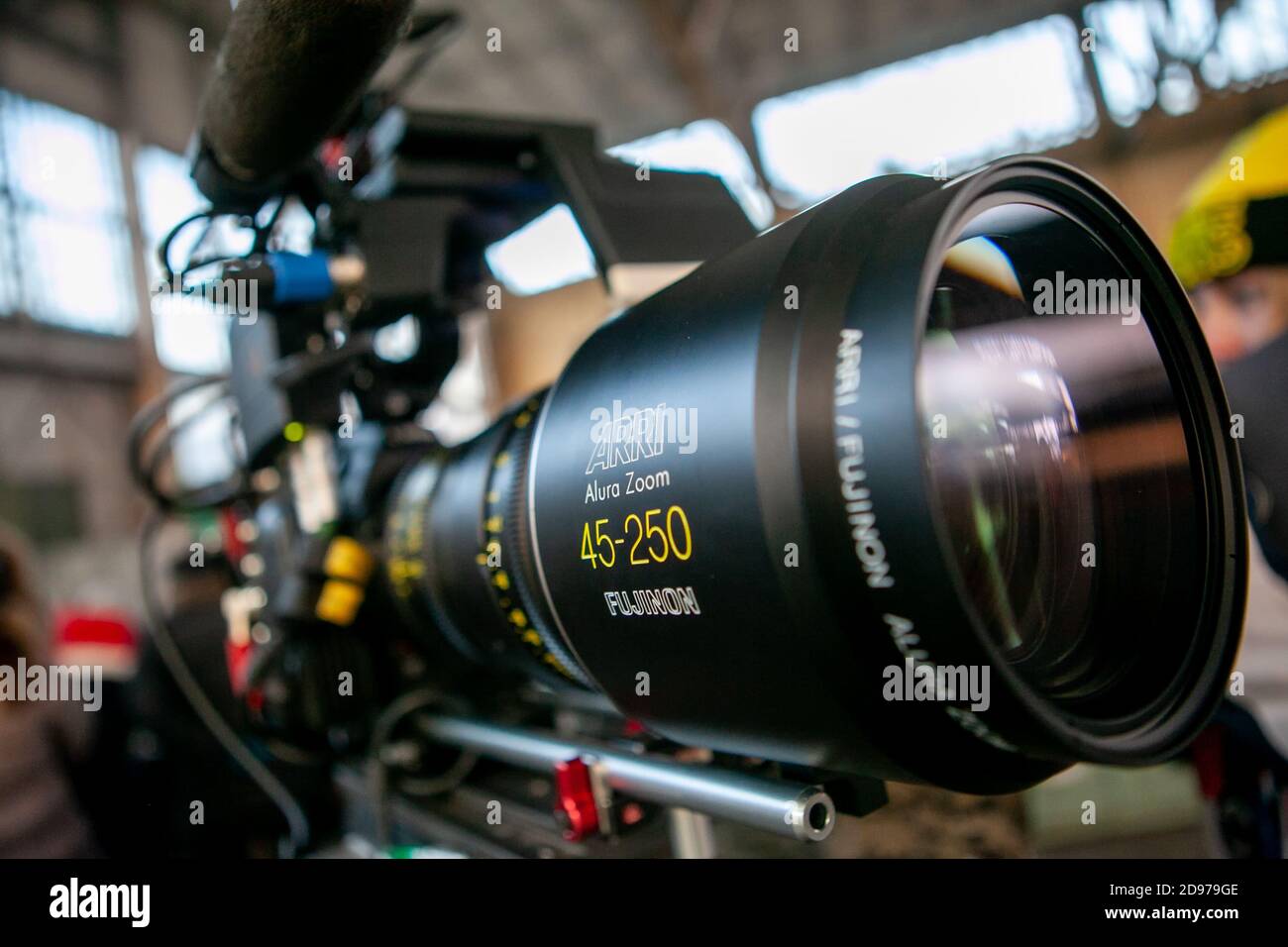 Moscow Russia - 23 nov 2014: very big zoom lens on cinema camera on set ...