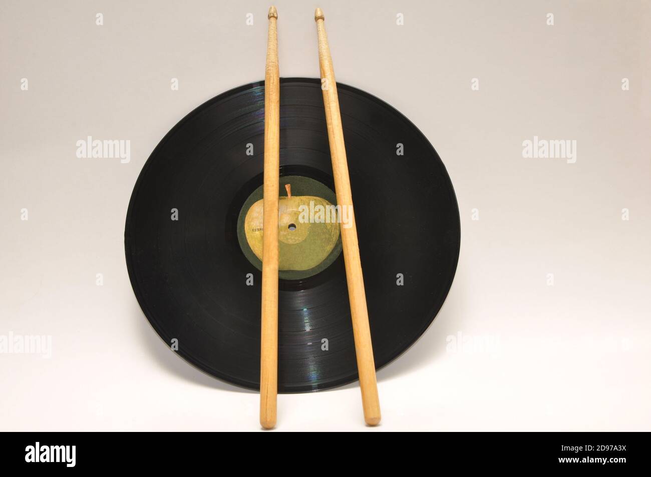 Vinyl record, worn wooden sticks, panoramic photo, copy space, white ...