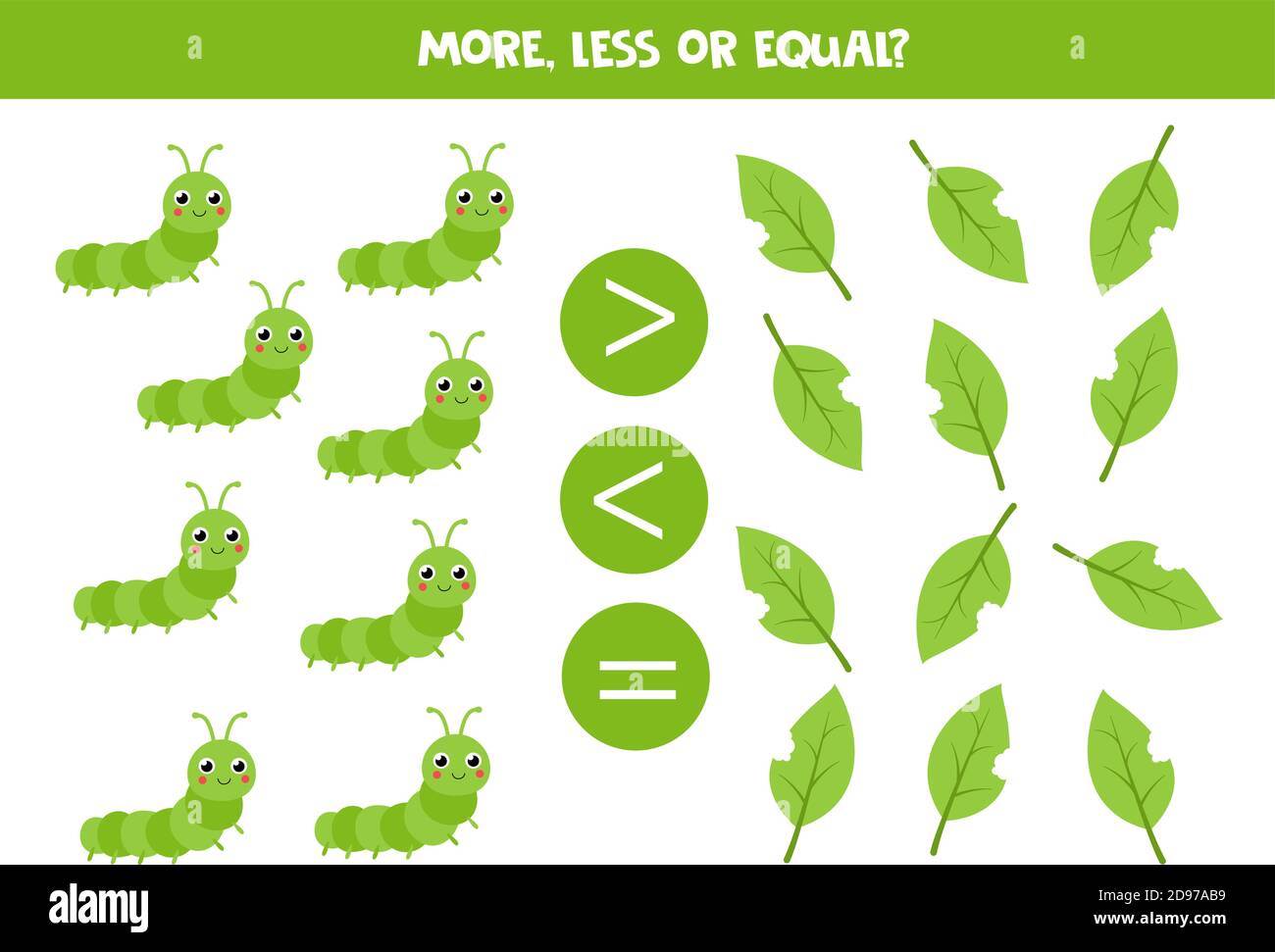 More, less, equal with green insect caterpillar. Math game for children ...