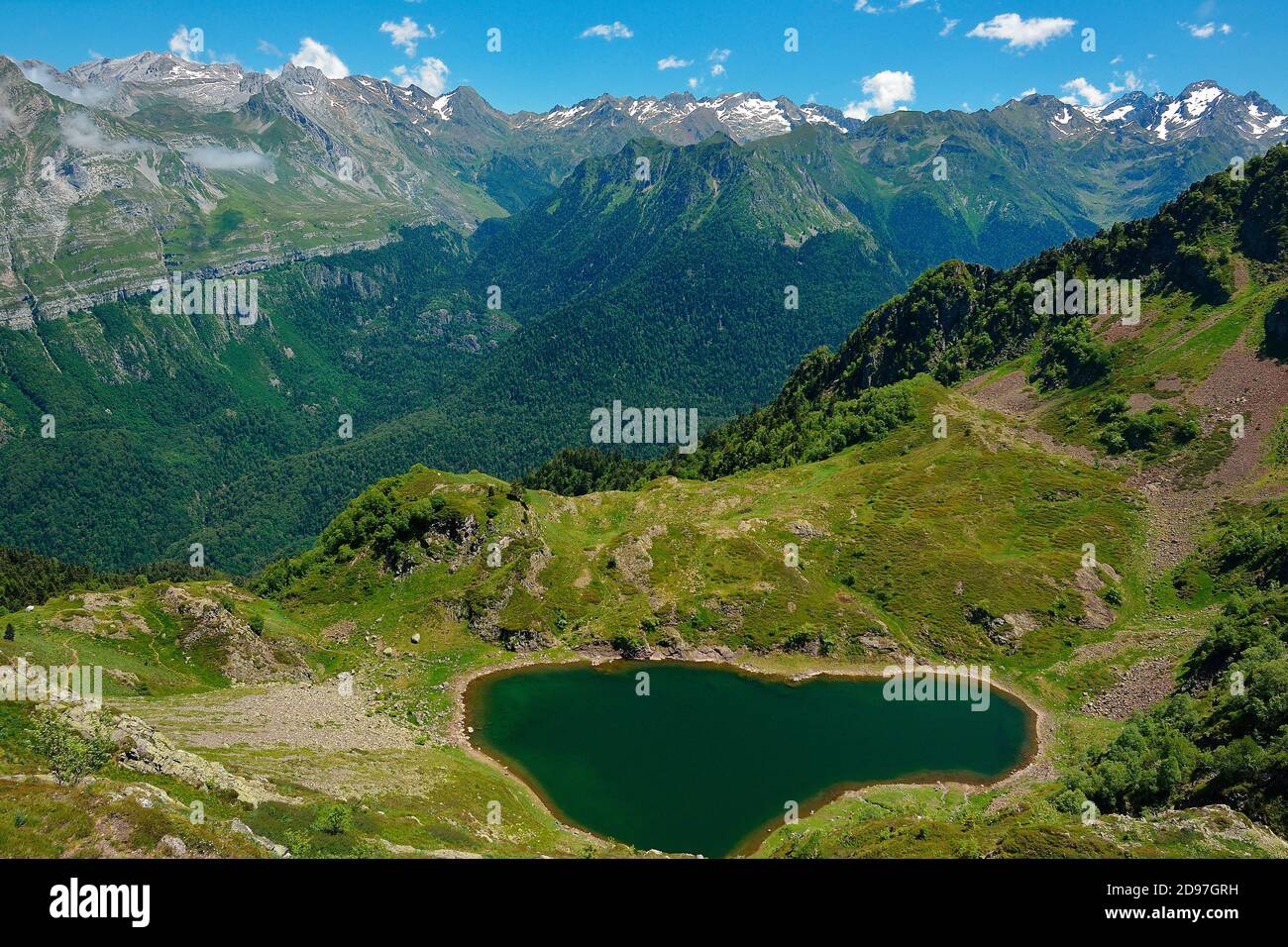 Lake Er with view of the Lurien and the Ossau Valley, Pyrenees, France ...