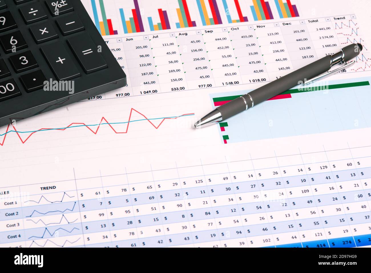 Financial business charts and table with company income. Workstation ...
