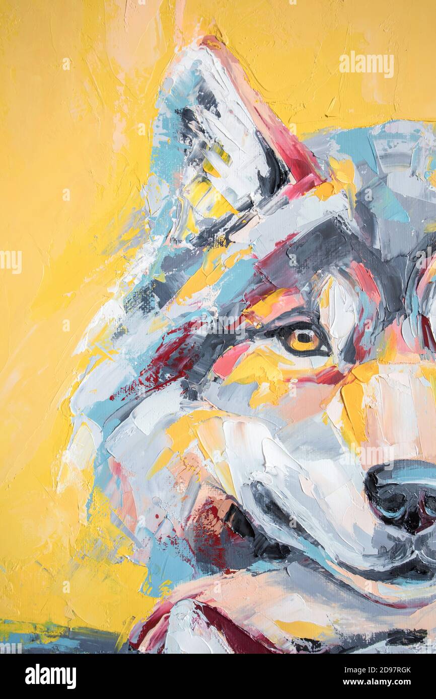 Oil wolf portrait painting in multicolored tones Stock Photo - Alamy
