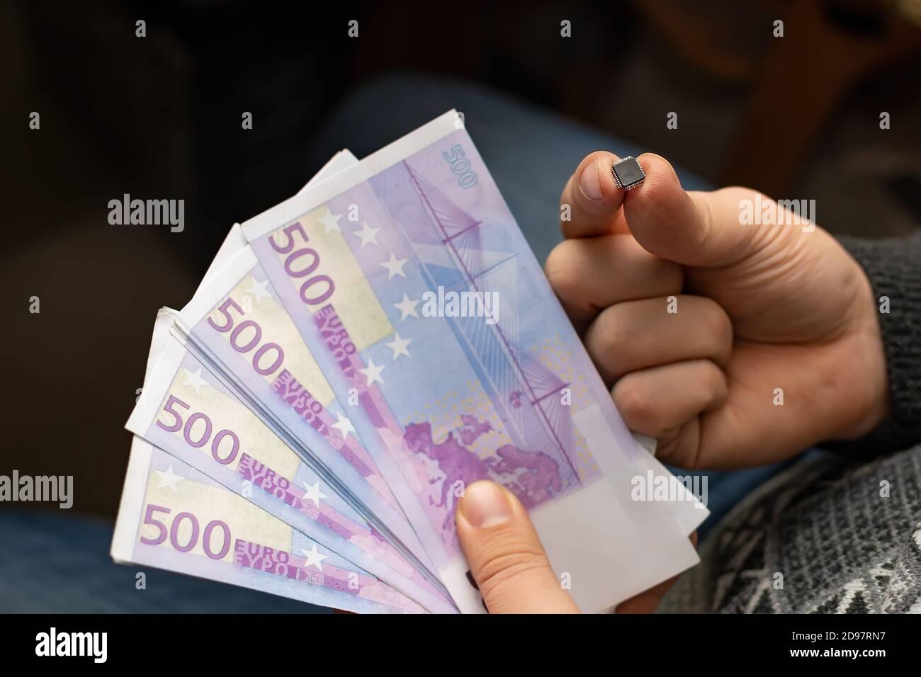 electronic chip, microprocessor, chip and money, banknotes, euros in ...