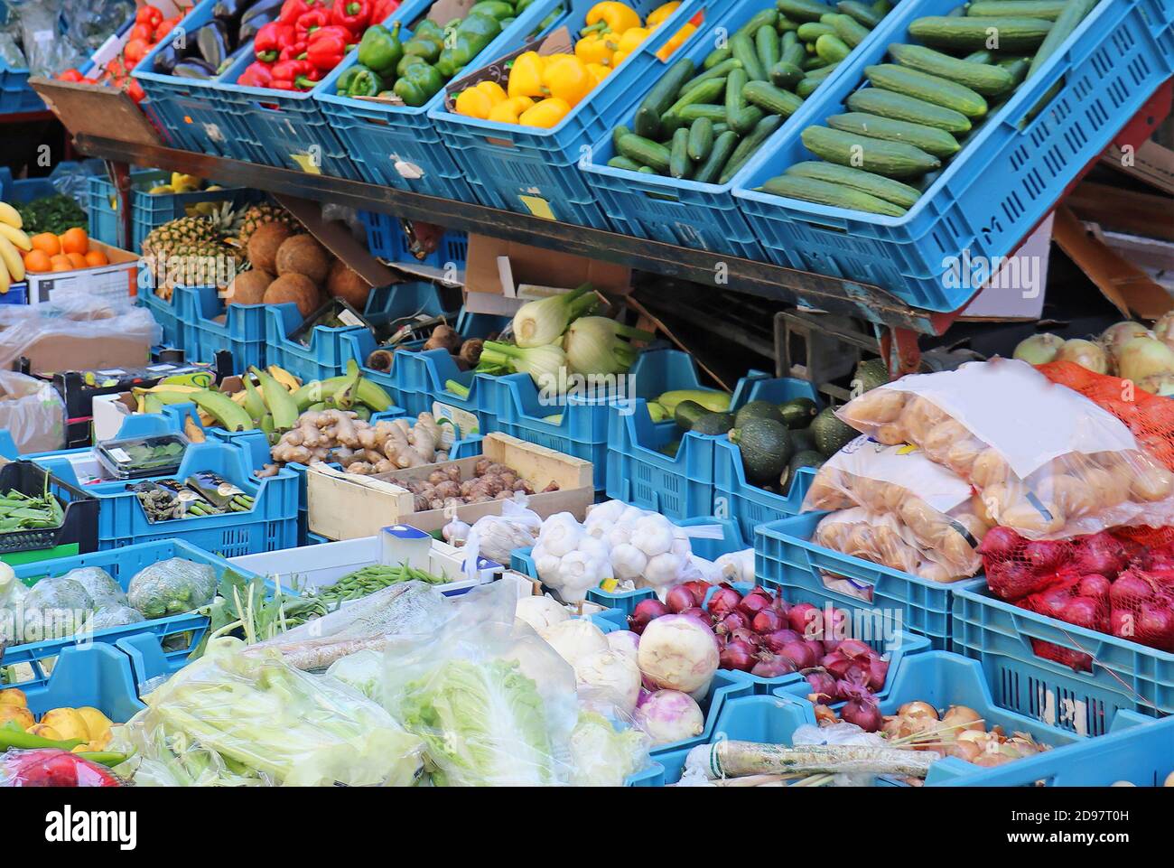 Full crates of organic fruits and vegetables sold on market Stock Photo ...