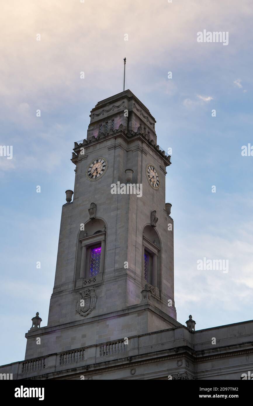 Tower of Barnsley Town Hall. The city hall is the seat of the local ...