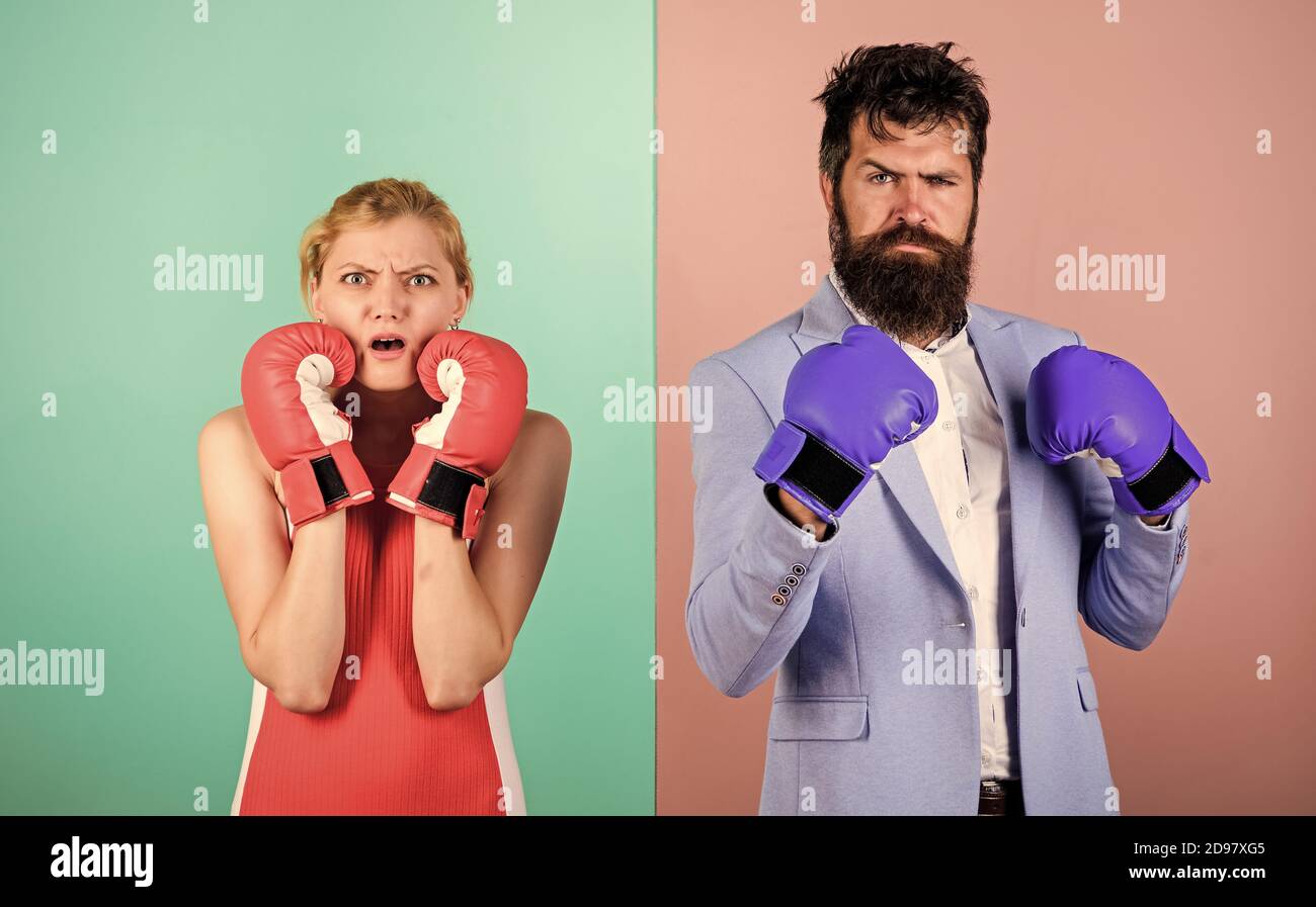Conflict concept. Man and woman boxing fight. Family life. Complicated ...
