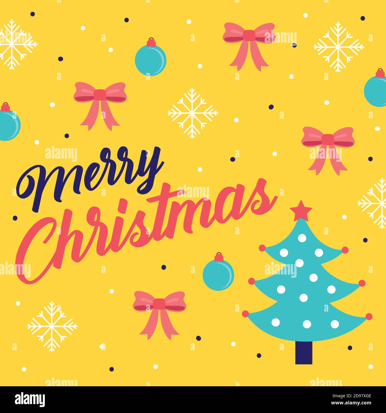 happy merry christmas card with pine tree and balls vector illustration ...