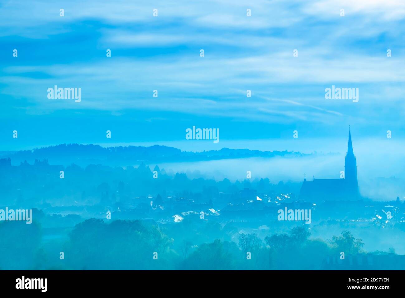 Cityscape of Graz with Church of the Sacred Heart of Jesus and historic ...