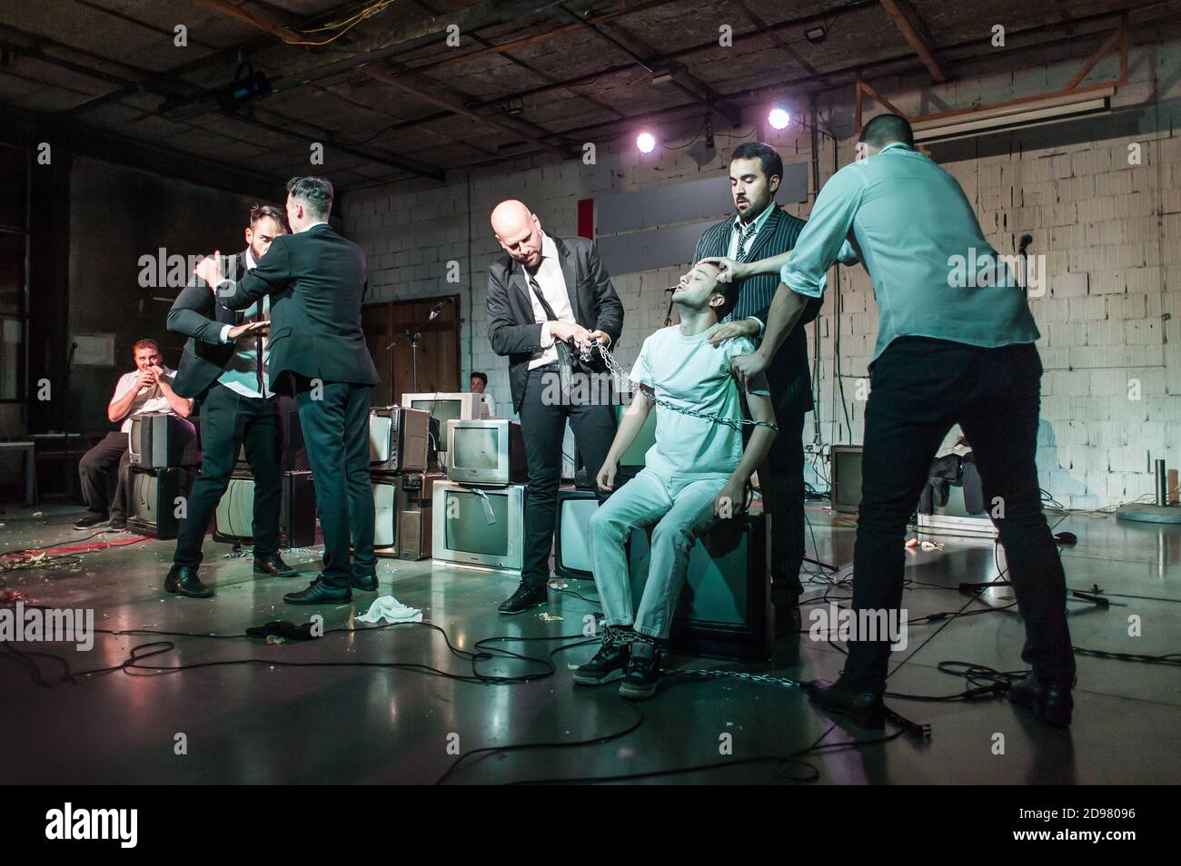 Large group of theater actor artists on stage perform play for audience ...