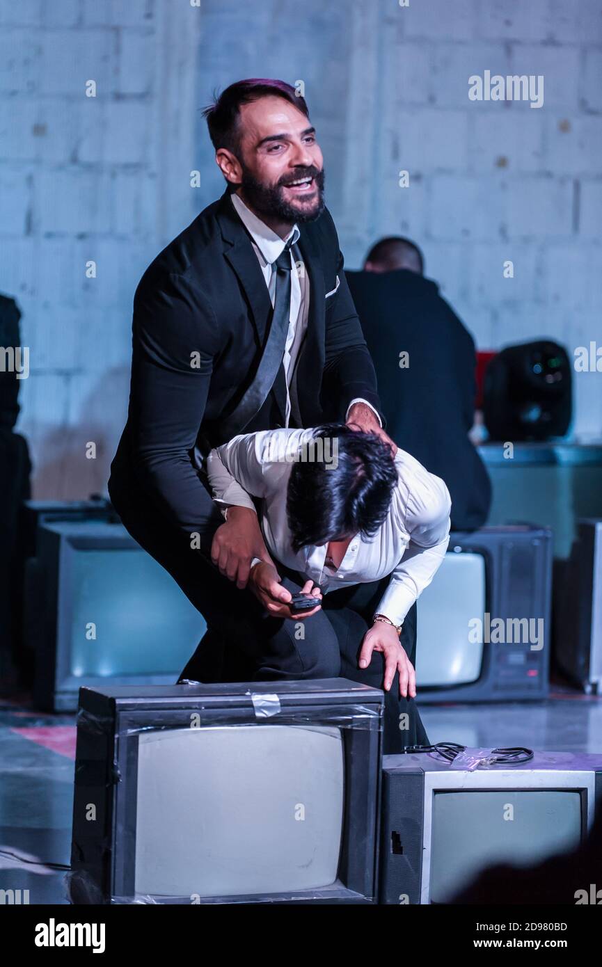 Theater actor artists on stage perform play for audience. Public ...